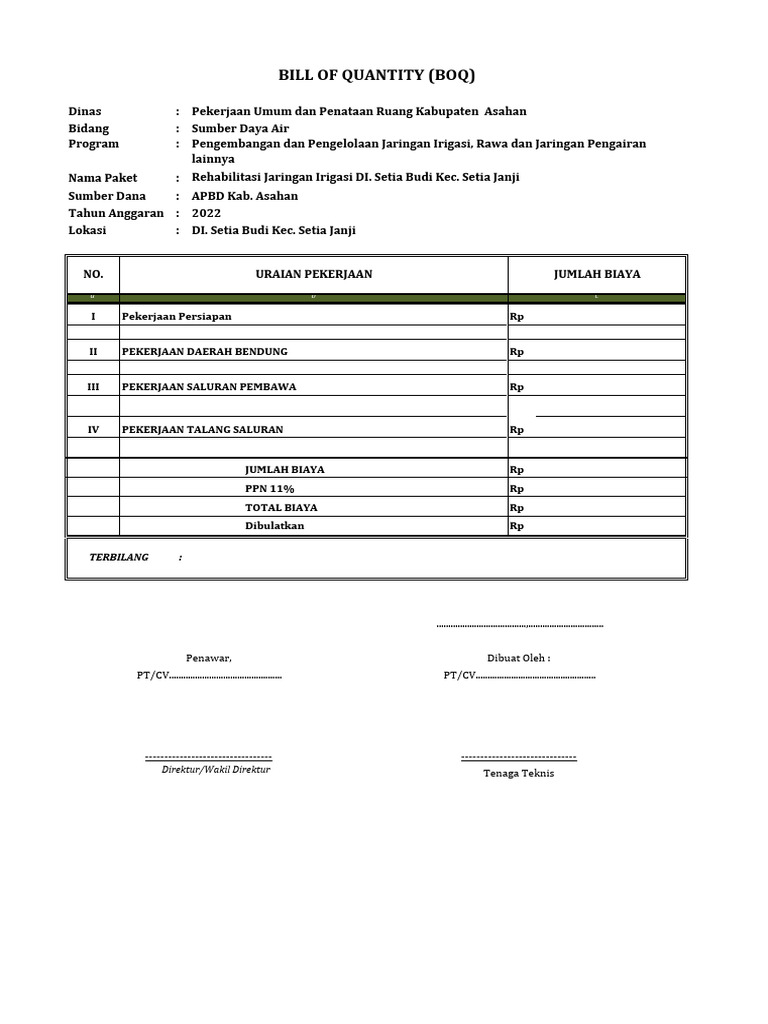 Contoh Bill of Quantity Irigasi 2022 | PDF