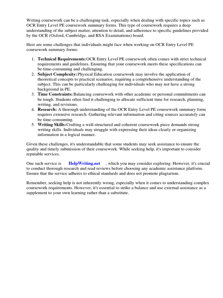 Ocr Entry Level Pe Coursework Summary Form | Download Free PDF | Cognition