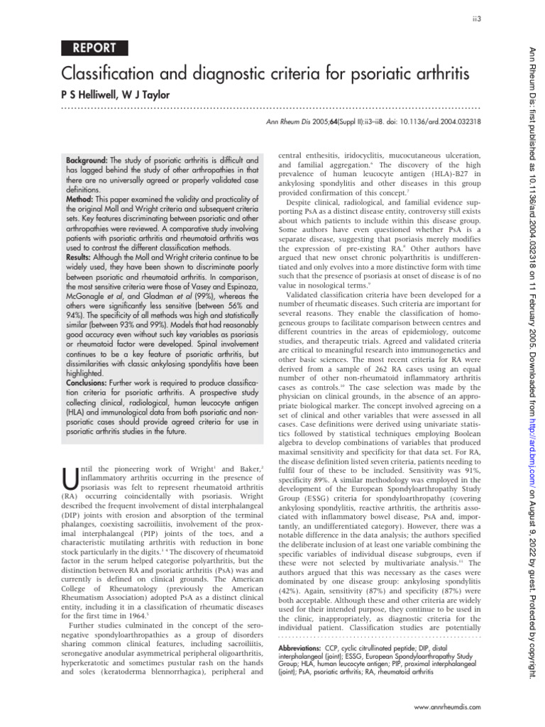 Classification and Diagnostic Criteria For Psoriatic Arthritis | PDF | Rheumatoid Arthritis ...