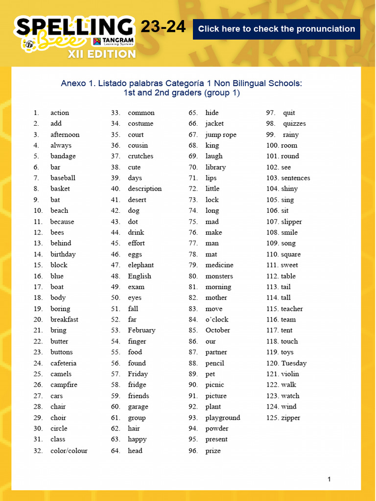 Listado Palabras Spelling - Grupo 1 Categoría 1 Non Bilingual | PDF ...
