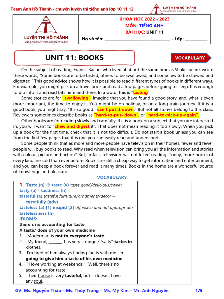 Unit 11: Books: Unit 11 Họ và tên ...