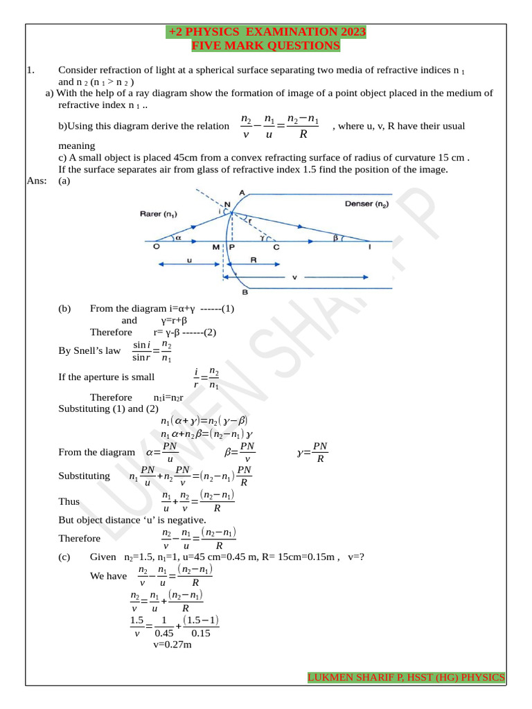 +2 Five Mark Questions-2023 | PDF | Magnetic Field | Transformer