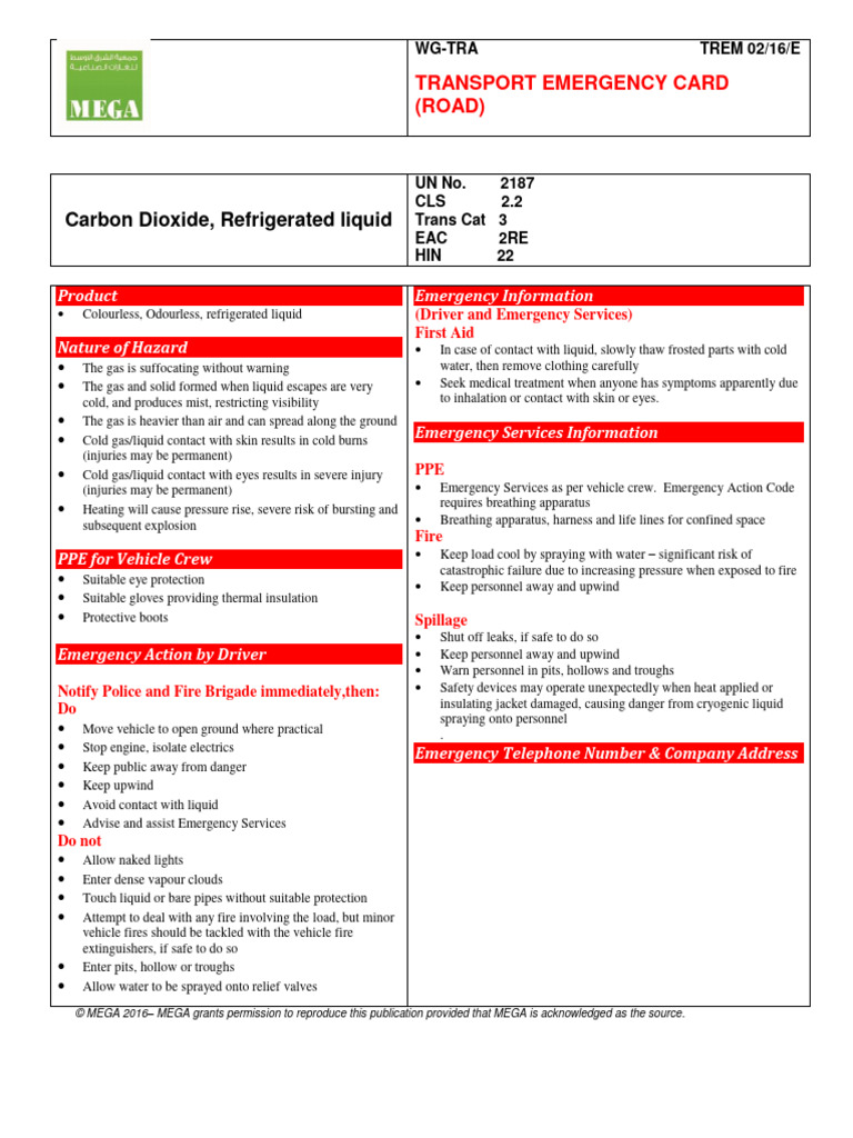 Transport Emergency Card for CO2 | PDF | Personal Protective Equipment ...