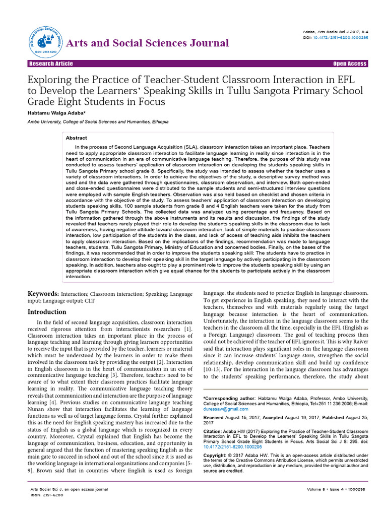 Exploring The Practice of Teacherstudent Classroom Interaction in Efl ...