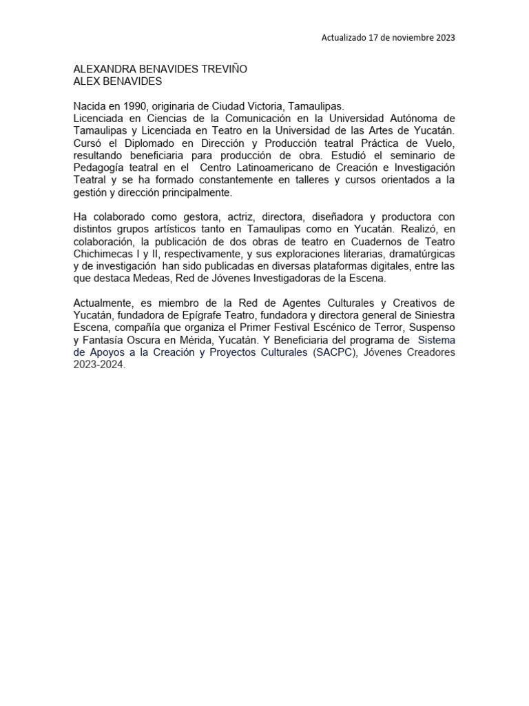 Semblanza Artística Alex Benavides | PDF