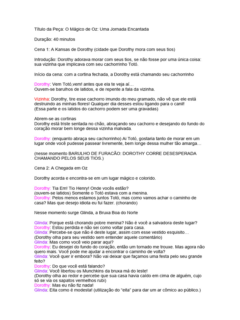 O Mágico de Oz Roteiro | PDF | Dorothy Gale | O Maravilhoso Mágico de Oz
