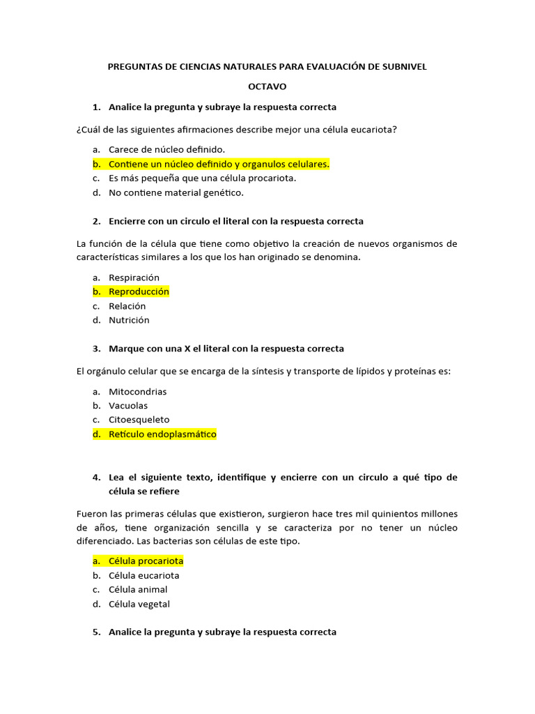 Preguntas de Ciencias 8 y 9 Subnivel | PDF | Biología Celular ...