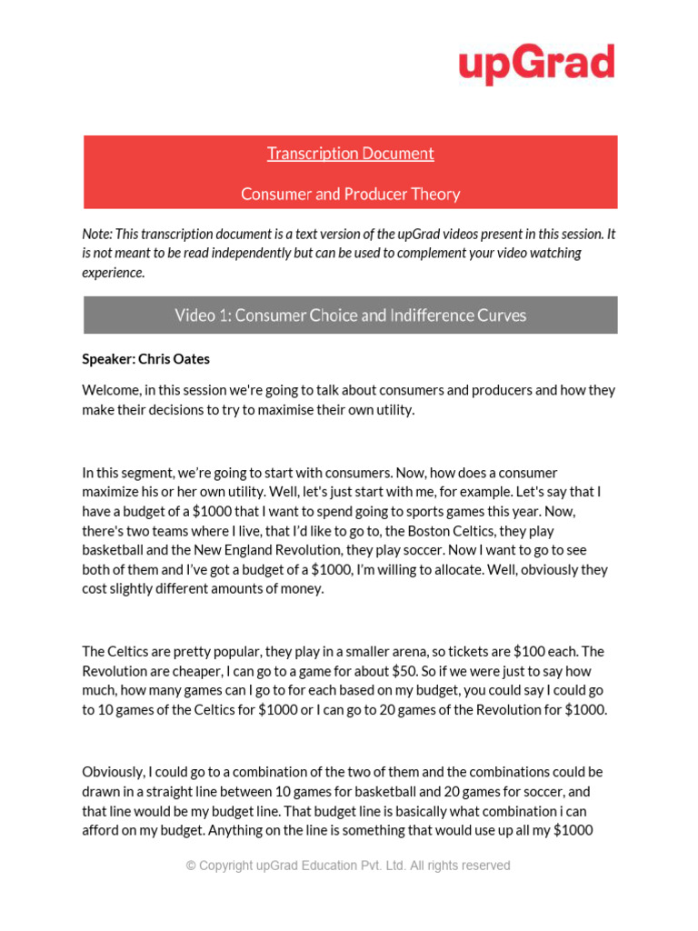 Session Transcript - Consumer and Producer Theory | PDF | Utility ...