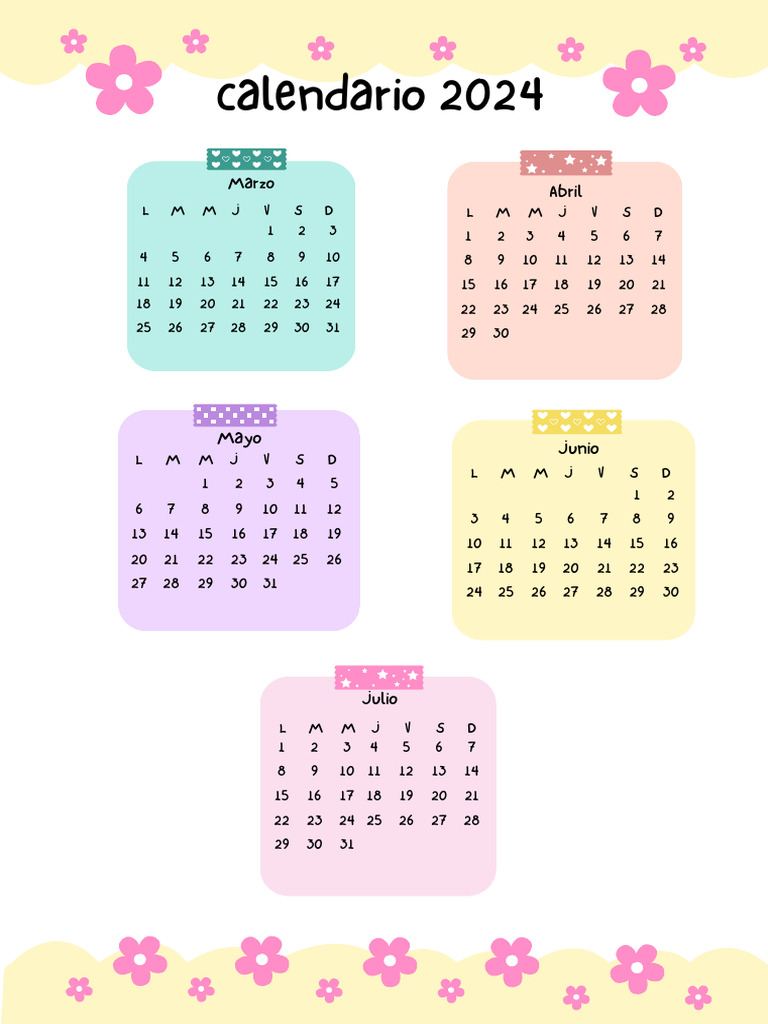 Documento A4 Calendario 2024 Infantil Colorido Pastel | PDF