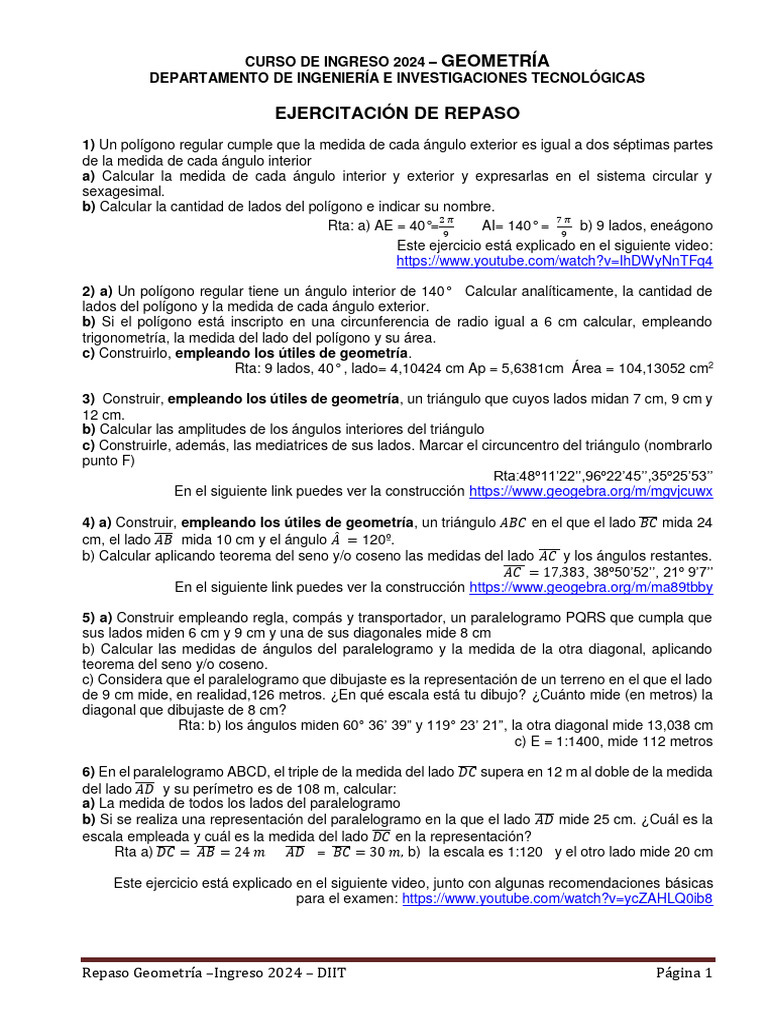 TP Repaso Geometria Ingreso 2024 Final | PDF | Triángulo | Trigonometría