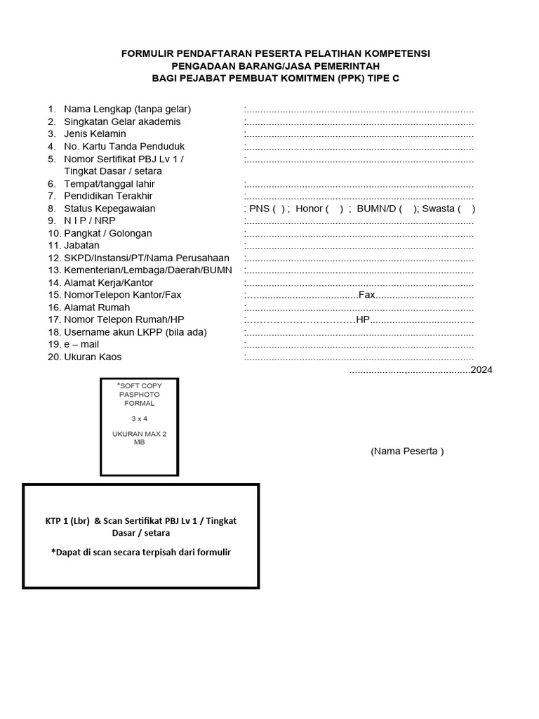 Formulir Pendaftaran Pelatihan PPK Tipe C - 2024 | PDF