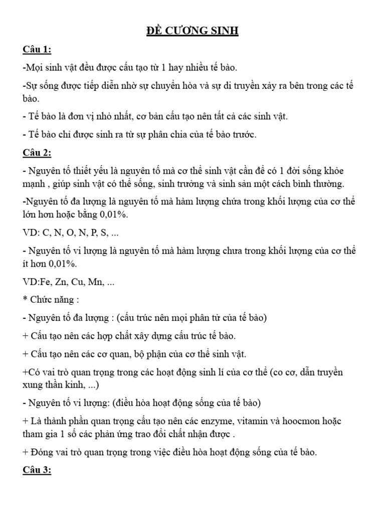 ĐỀ CƯƠNG SINH | PDF