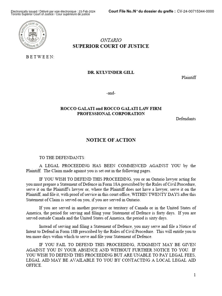 2024-02-23 - Notice of Action (Gill V Galati) | PDF | Damages | Private Law