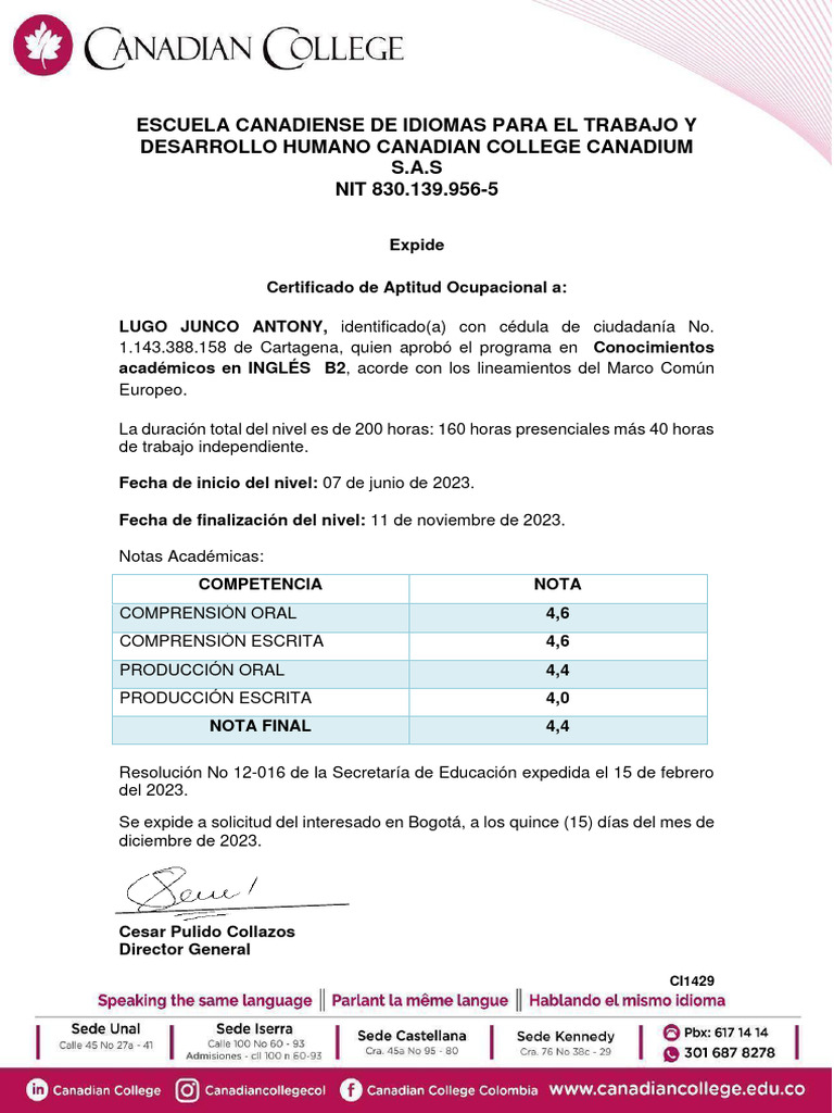 Certificado b2 LUGO JUNCO ANTONY | PDF