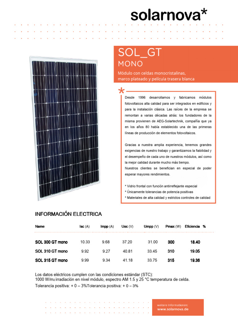 Ficha Técnica SOL 310 - 315 GT Mono | PDF | Fotovoltaica | Ingenieria ...