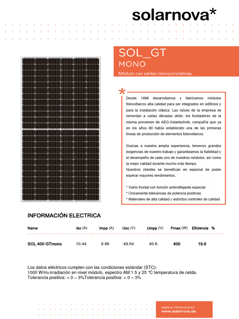 Ficha Técnica SOL 400 GT Mono | PDF | Fotovoltaica | Electricidad