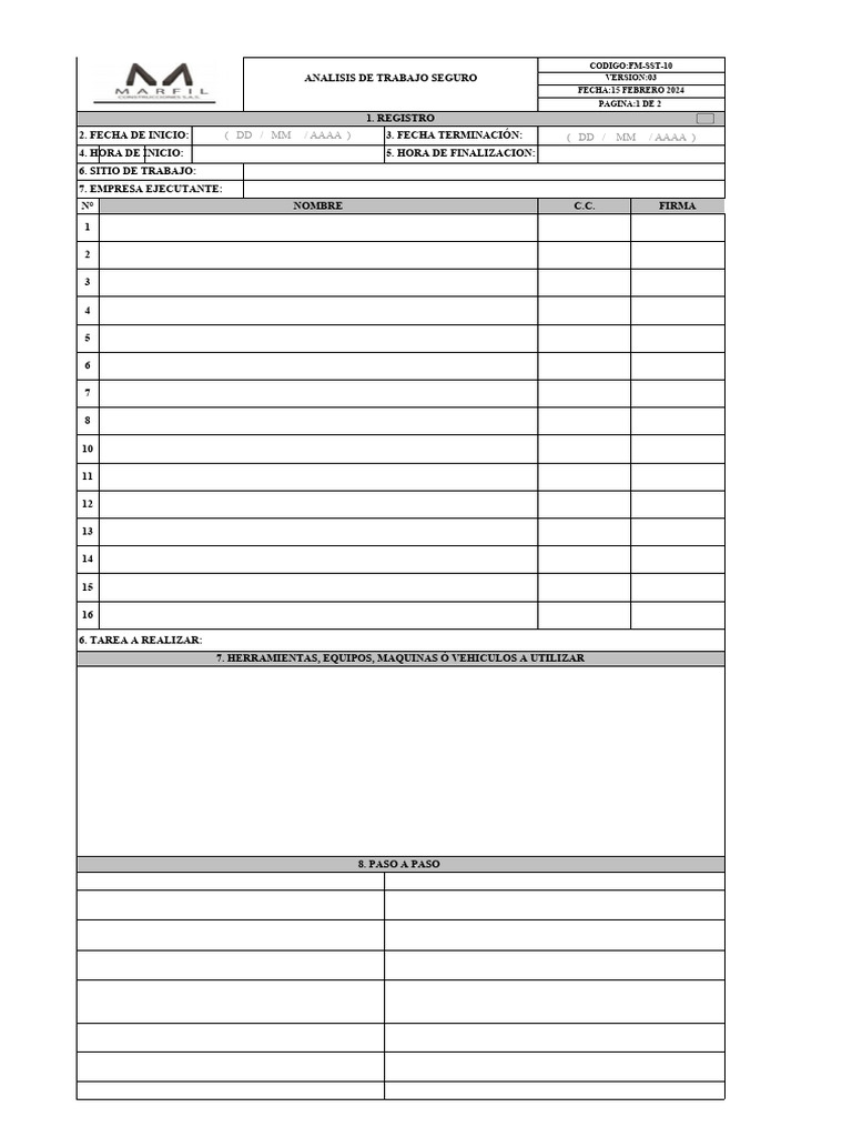 Fm-sst-10 Formato Analisis de Trabajo Seguro | PDF | Soldadura ... Fm-sst-10 Formato Analisis de Trabajo Seguro | PDF | Soldadura ...