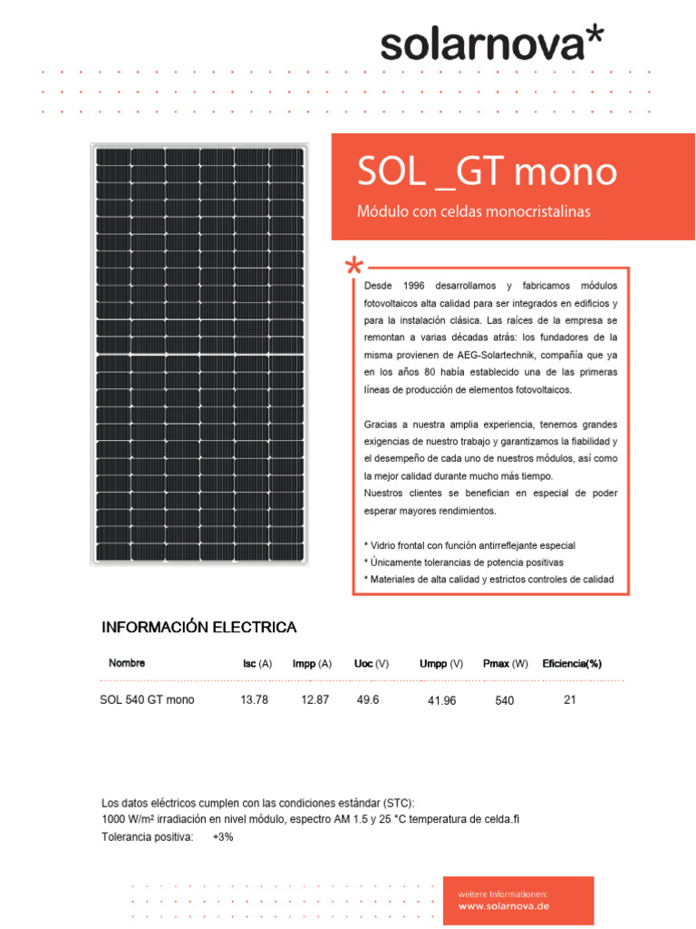 Ficha Técnica SOL 540 GT Mono | PDF | Fotovoltaica | Electricidad