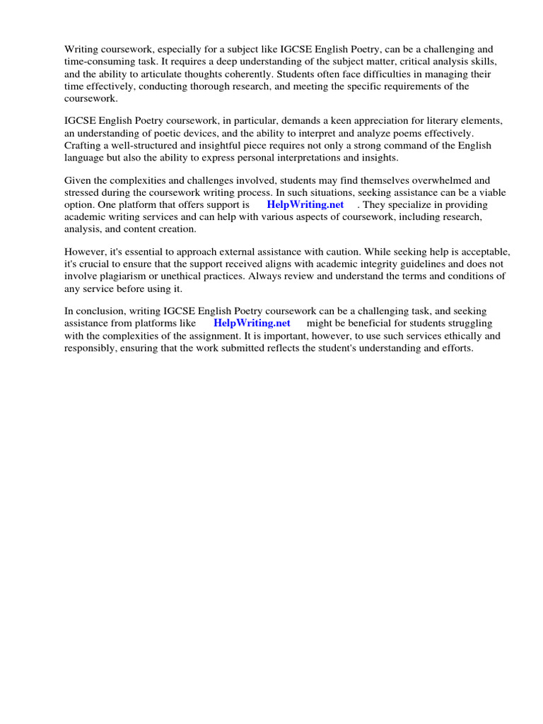 Igcse English Poetry Coursework Example | PDF | Poetry