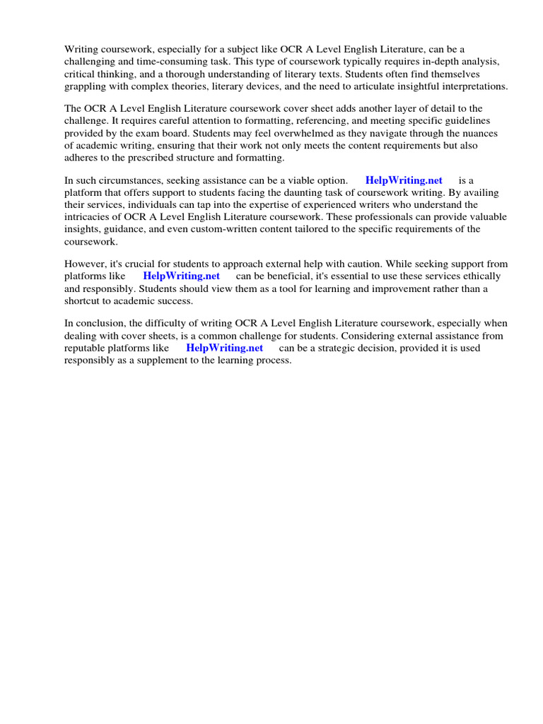 Ocr A Level English Literature Coursework Cover Sheet | PDF | Career ...