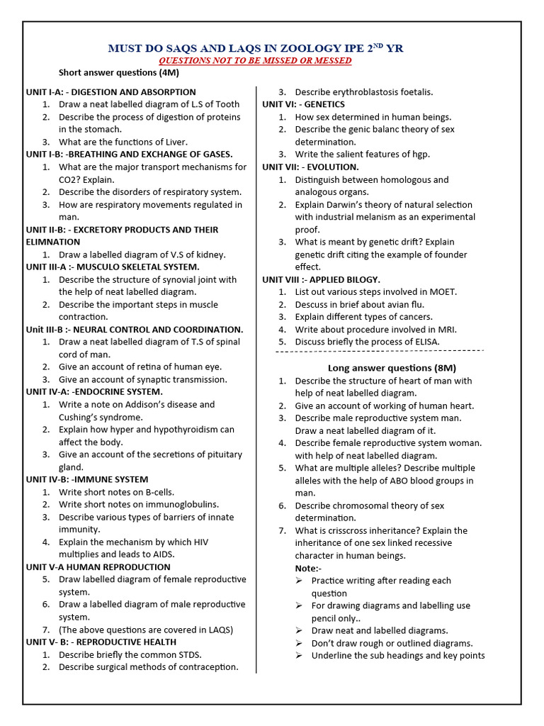 2 Yr Zoology Saq & Laq | PDF | Allele | Skeletal Muscle