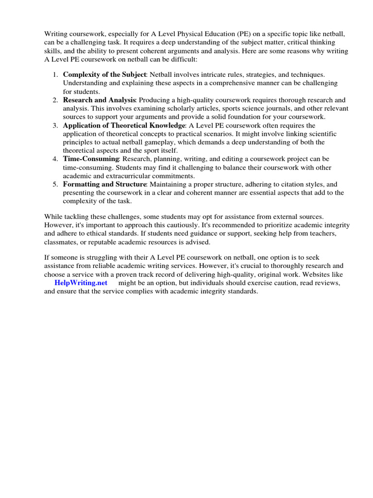 A Level Pe Coursework Netball | PDF | Sports & Recreation