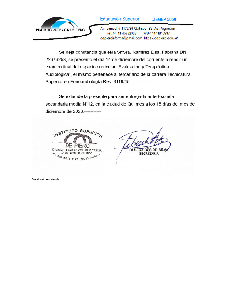 Certificado de Examen FINAL FONO TSF | PDF