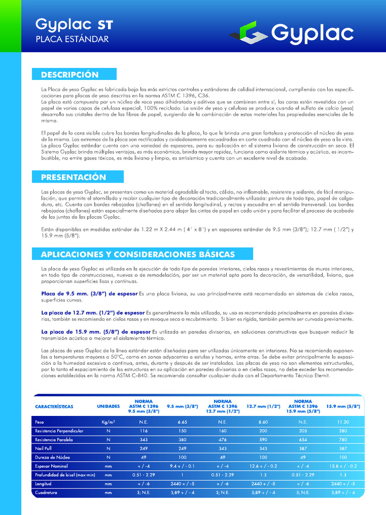 Ficha Tecnica GYPLAC Plancha ST | PDF