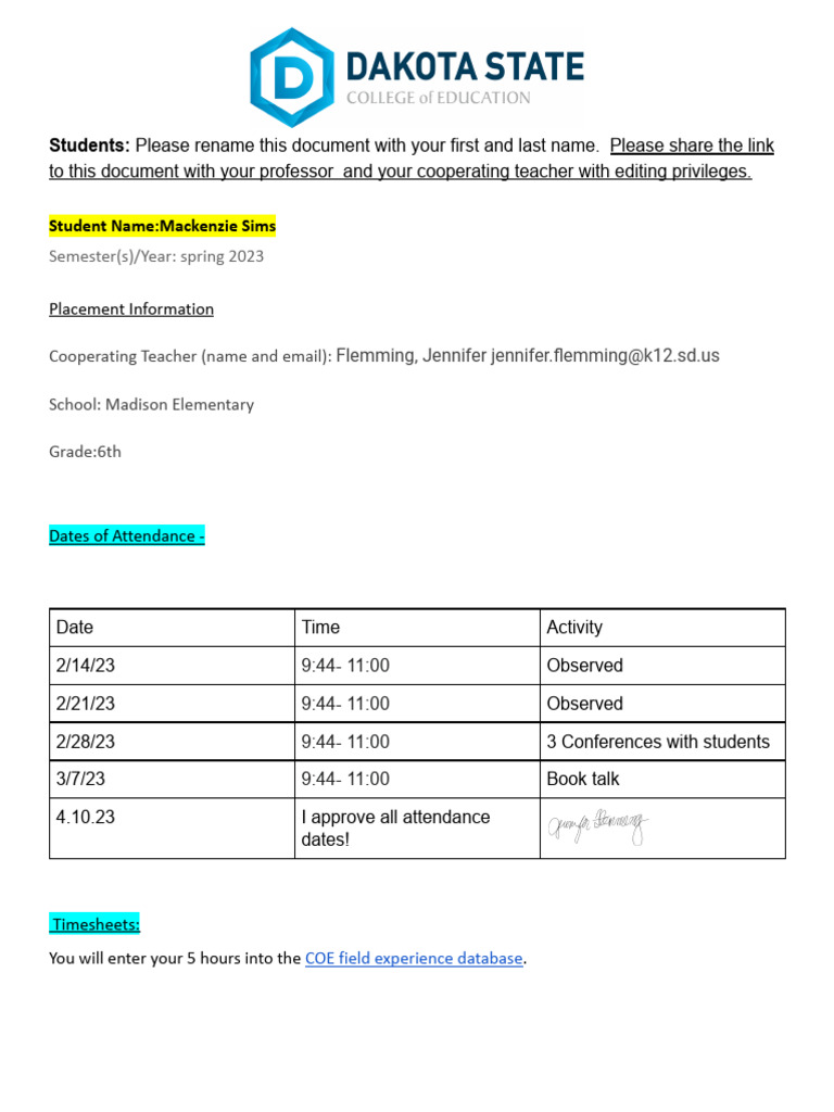 Mackenzie Sims Revised Eled 456 Field Experience Documentation | PDF ...