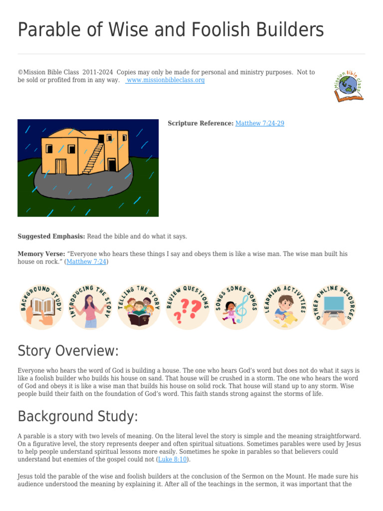 Wise and Foolish Builders Parable Summary | PDF | Gospel Of Matthew ...