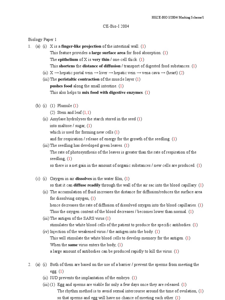 Marking Scheme Biology 2004 Paper 1 Marking Scheme | PDF | Blood | Anatomy