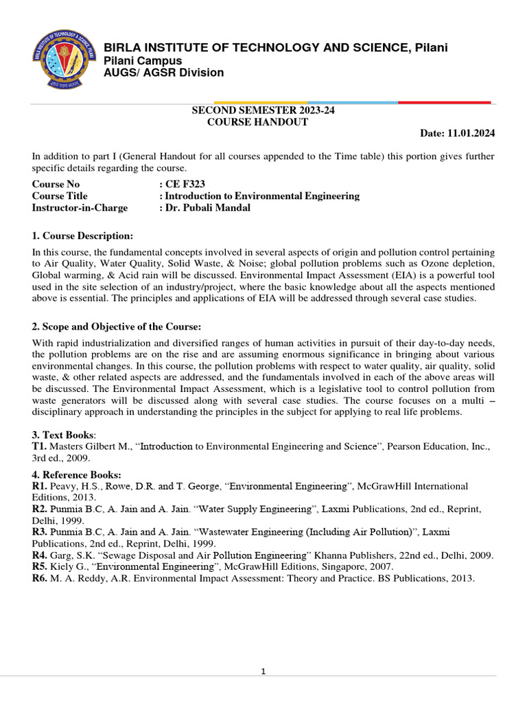 Environmental Engineering Course Handout | PDF | Pollution | Waste Environmental Engineering Course Handout | PDF | Pollution | Waste