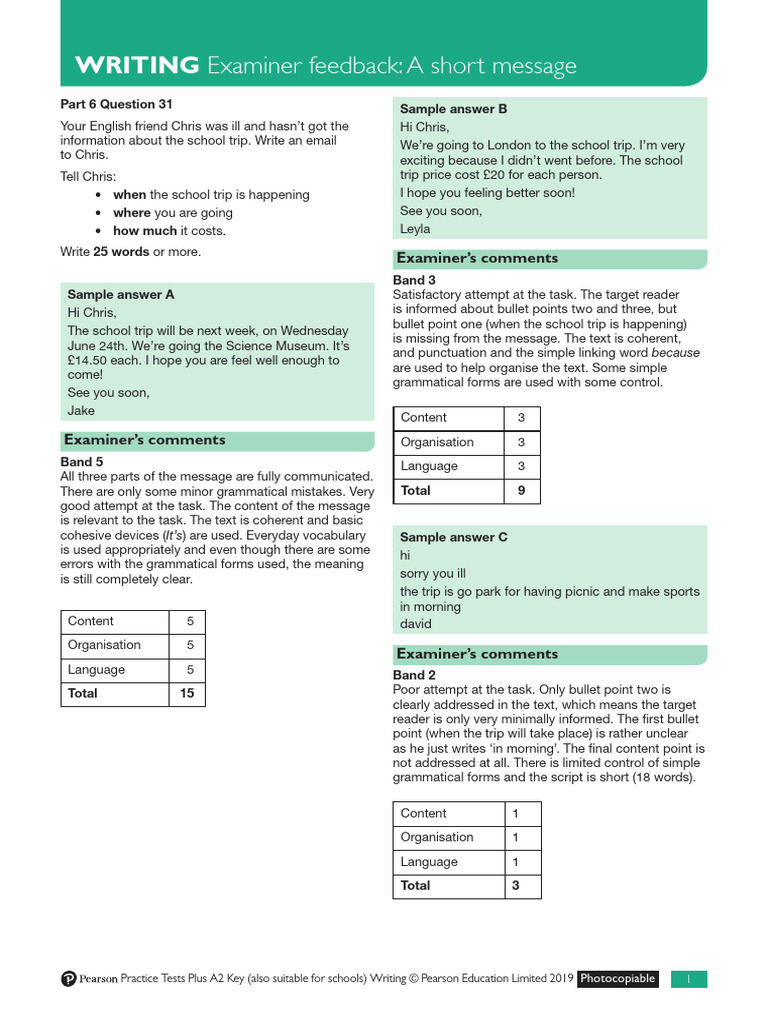 PTP A2 Key Writing Sample Answers Feedback | PDF | Vocabulary | Linguistics
