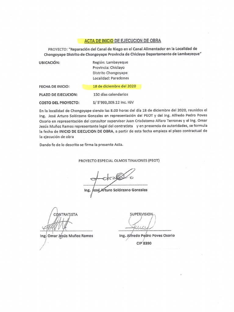 Acta Inicio Ejecucion Obra | PDF Acta Inicio Ejecucion Obra | PDF