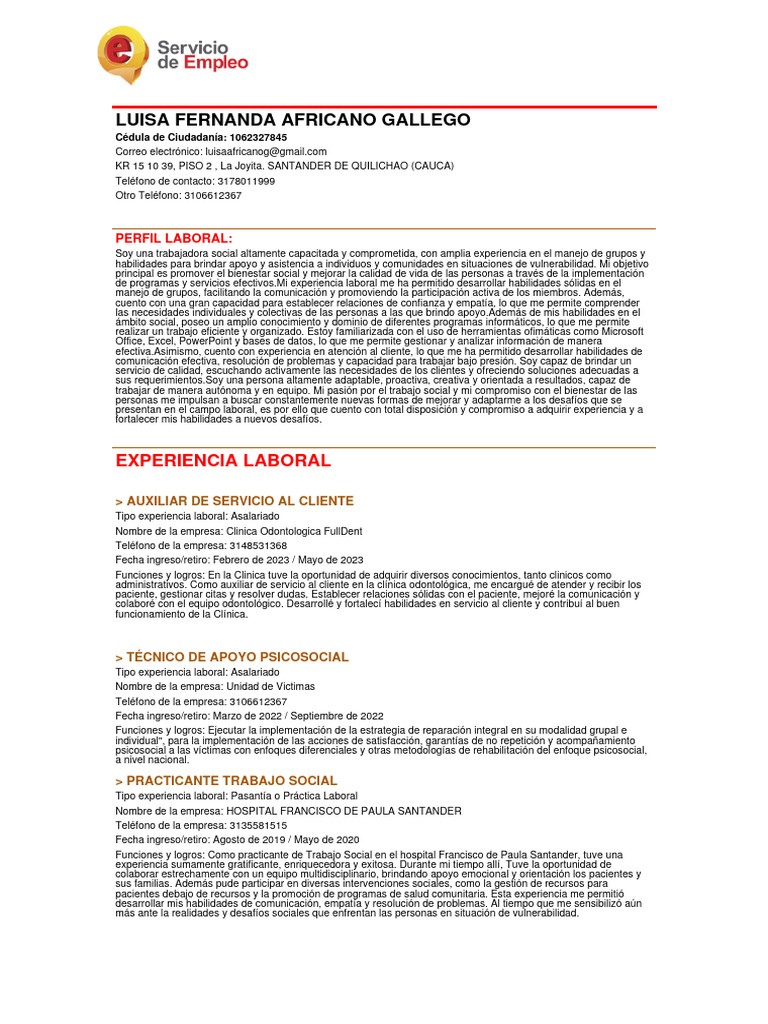 CV de Trabajadora Social Luisa Africano | PDF
