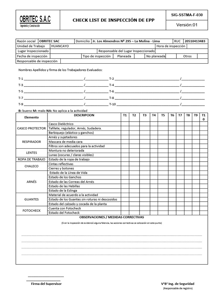 Sig-Sstma-F-030 Check List de Inspección Epp | PDF