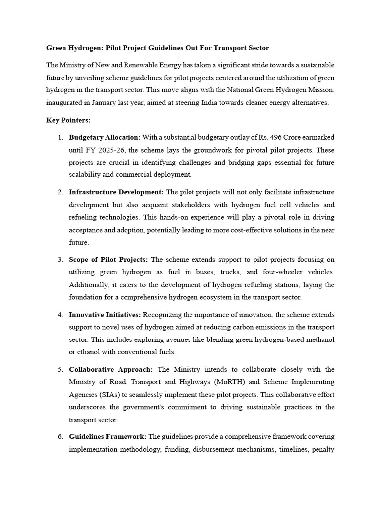 Green Hydrogen Pilot Project Guidelines Out For Transport Sector | PDF ...