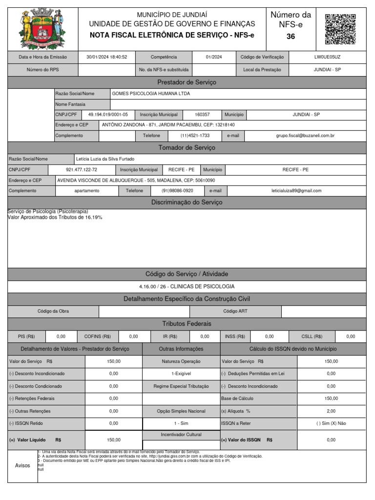 Nota Fiscal Eletrônica de Serviço - Nfs-E | PDF