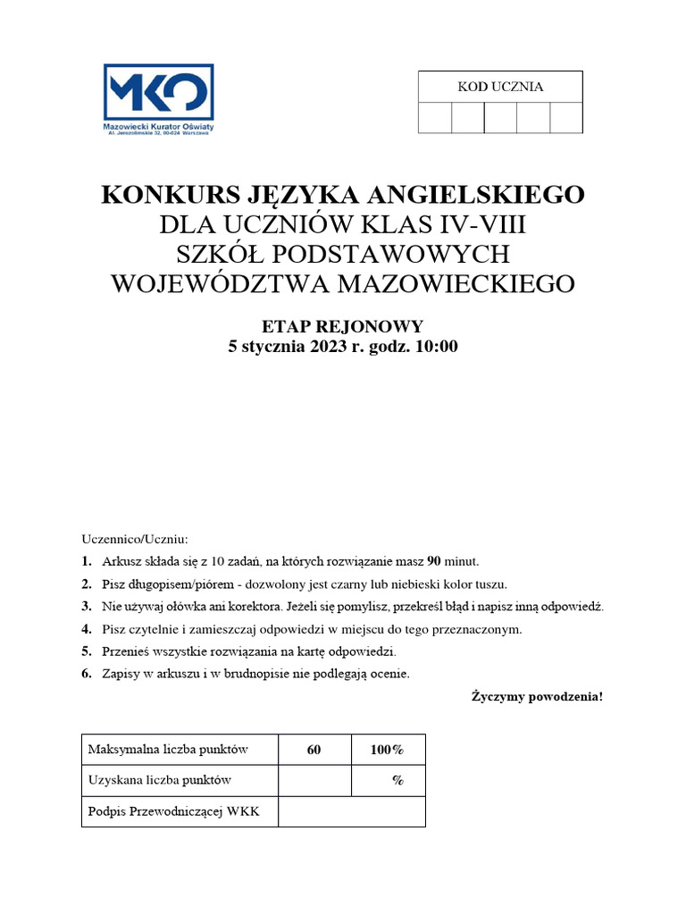 Konkurs Kuratoryjny Angielski 2023 Rejonowy Mazowieckie | PDF