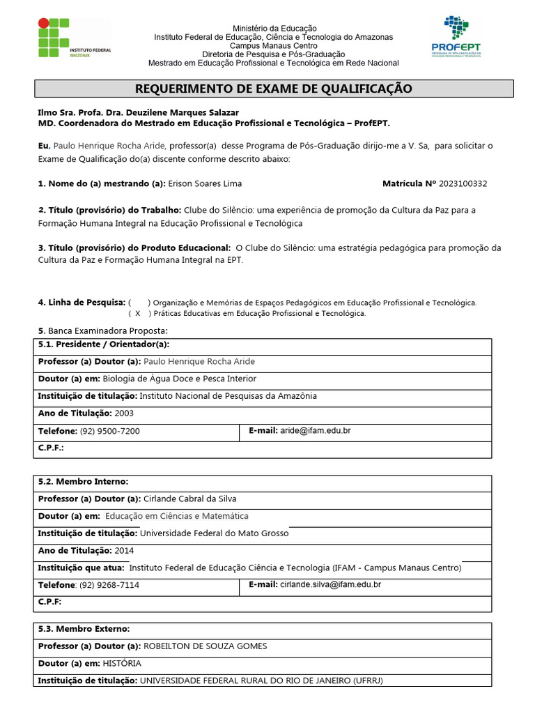 Requerimento de Exame de Qualificação: Paulo Henrique Rocha Aride | PDF ...