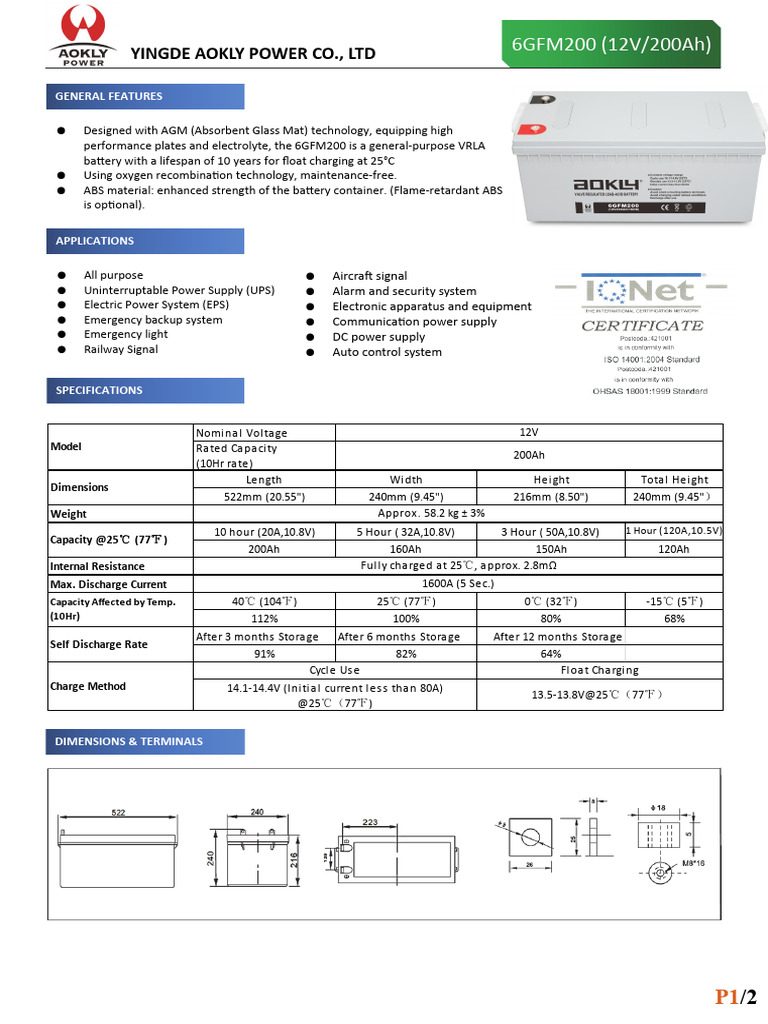 6GFM200 Aokly | PDF | Galvanic Cells | Battery (Electricity)