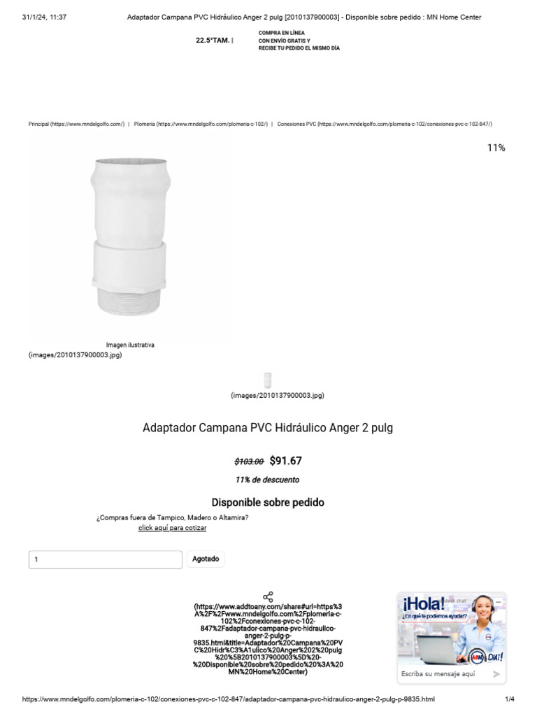 Adaptador Campana PVC Hidráulico Anger 2 Pulg (2010137900003 ...