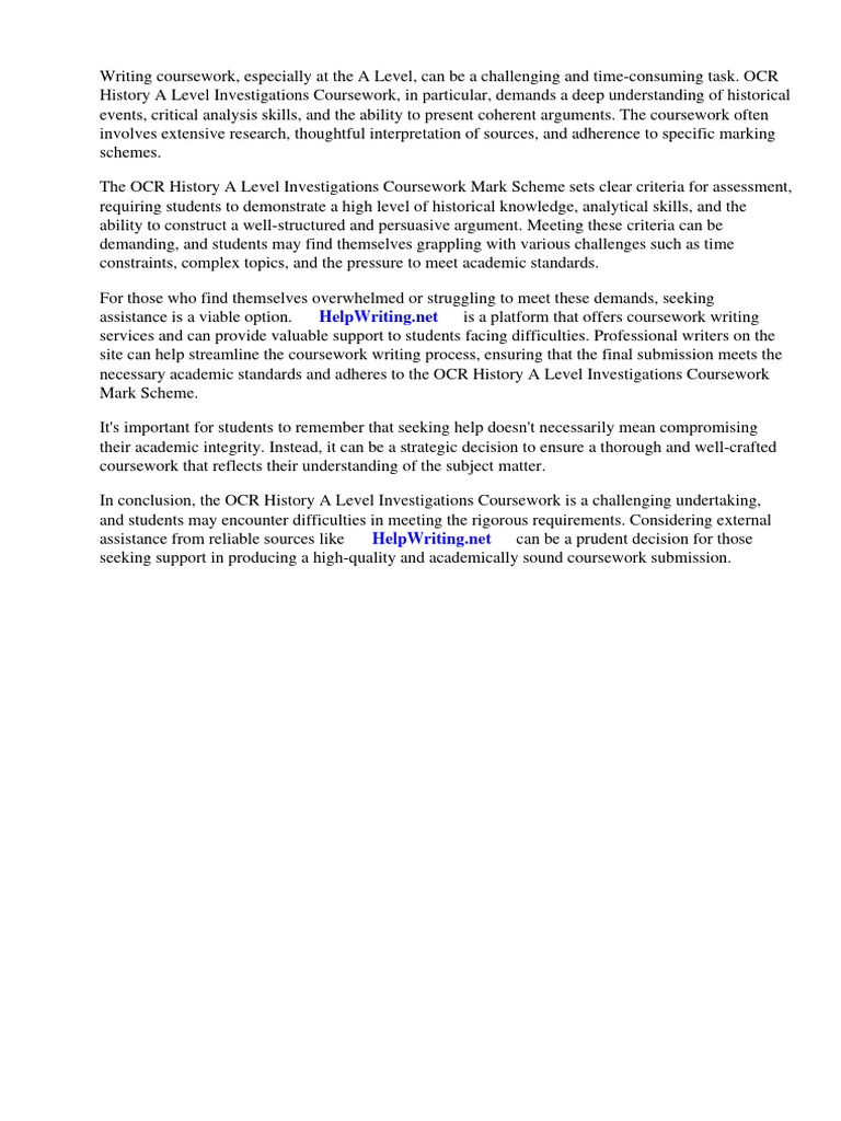 Ocr History A Level Investigations Coursework Mark Scheme | PDF | Gce ... Ocr History A Level Investigations Coursework Mark Scheme | PDF | Gce ...