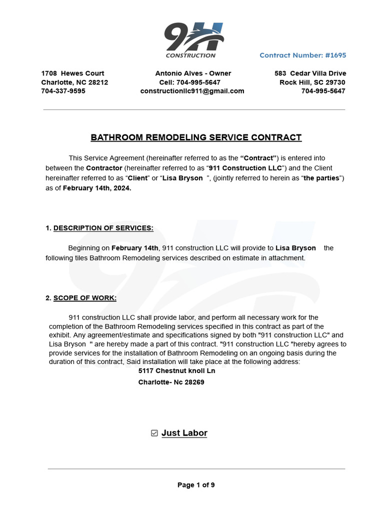 Contrato #1695 - 911 Construction - Lisa Bryson | PDF | Law
