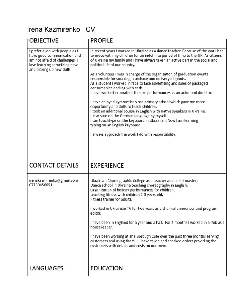 Irena K CV Feb 2024 | PDF | Teachers | Ukraine