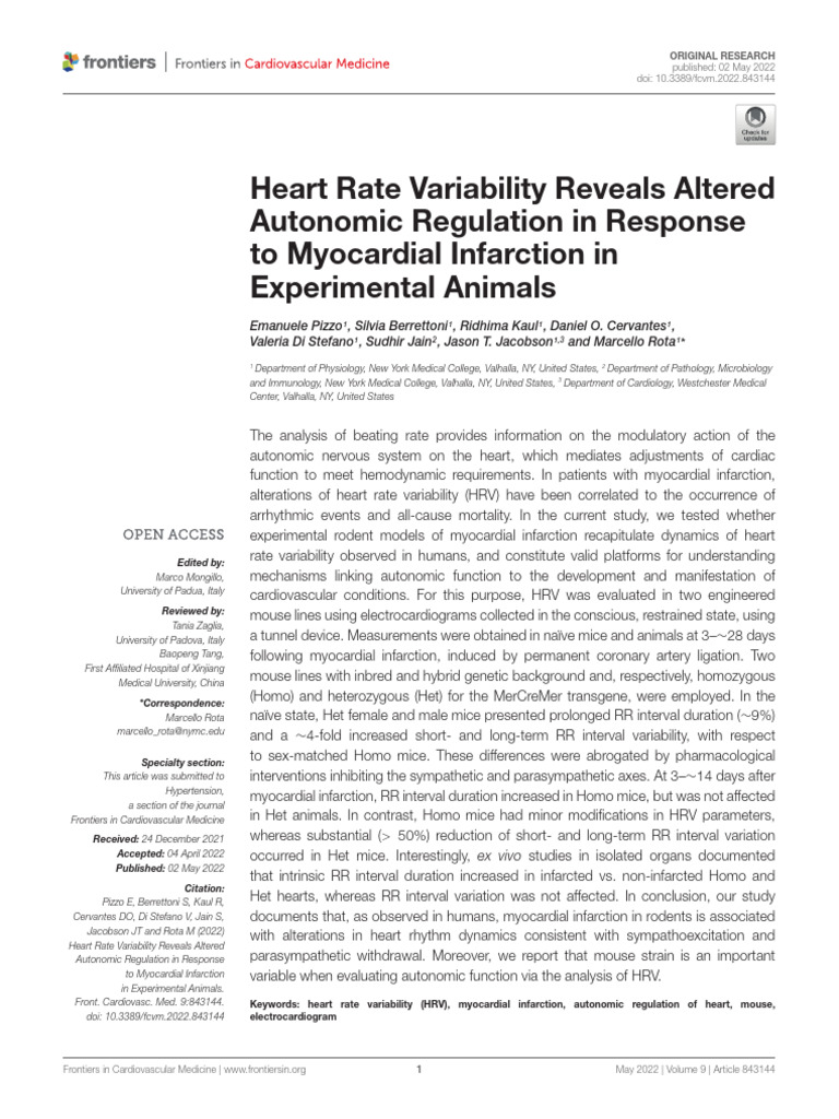Heart Rate Variability Reveals Altered Autonomic Regulation in Response To Myocardial Infarction ...