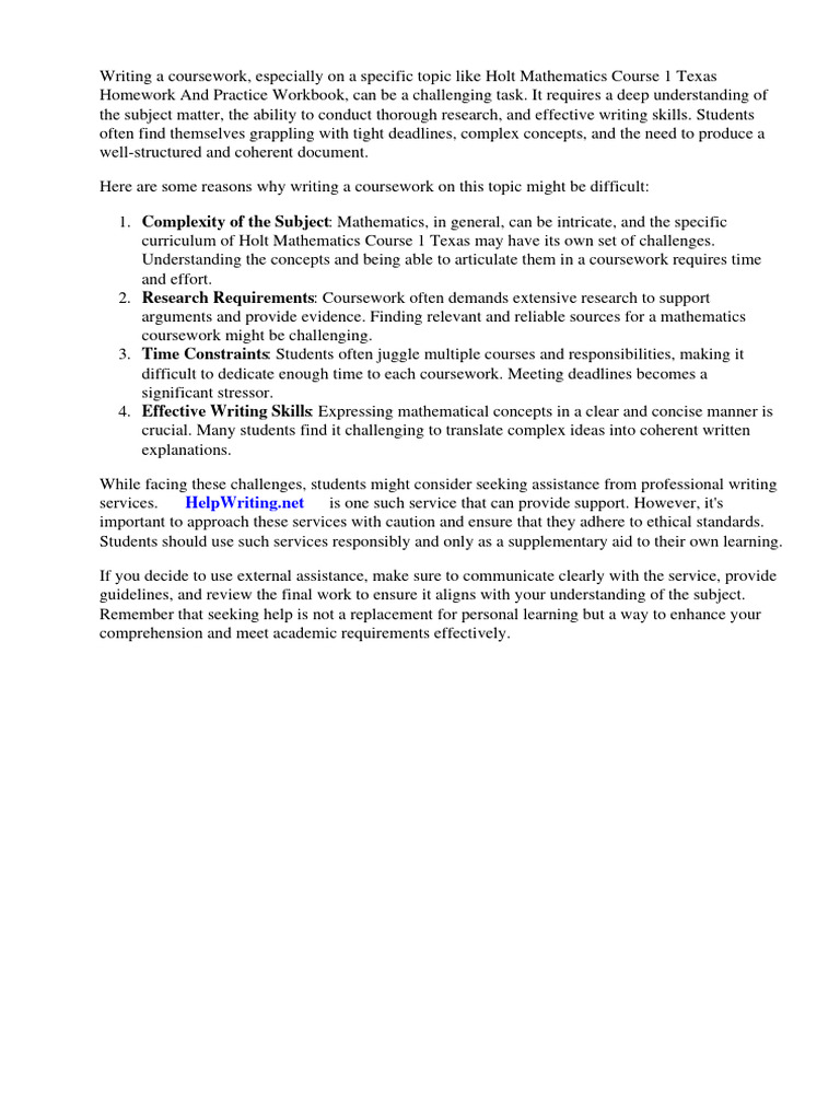 Holt Mathematics Course 1 Texas Homework and Practice Workbook | PDF