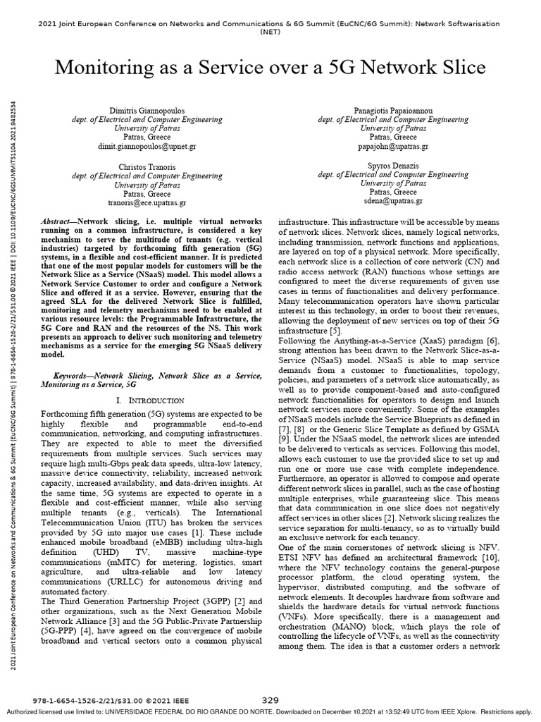 Monitoring As A Service Over A 5G Network Slice | PDF | Computer Network | Databases