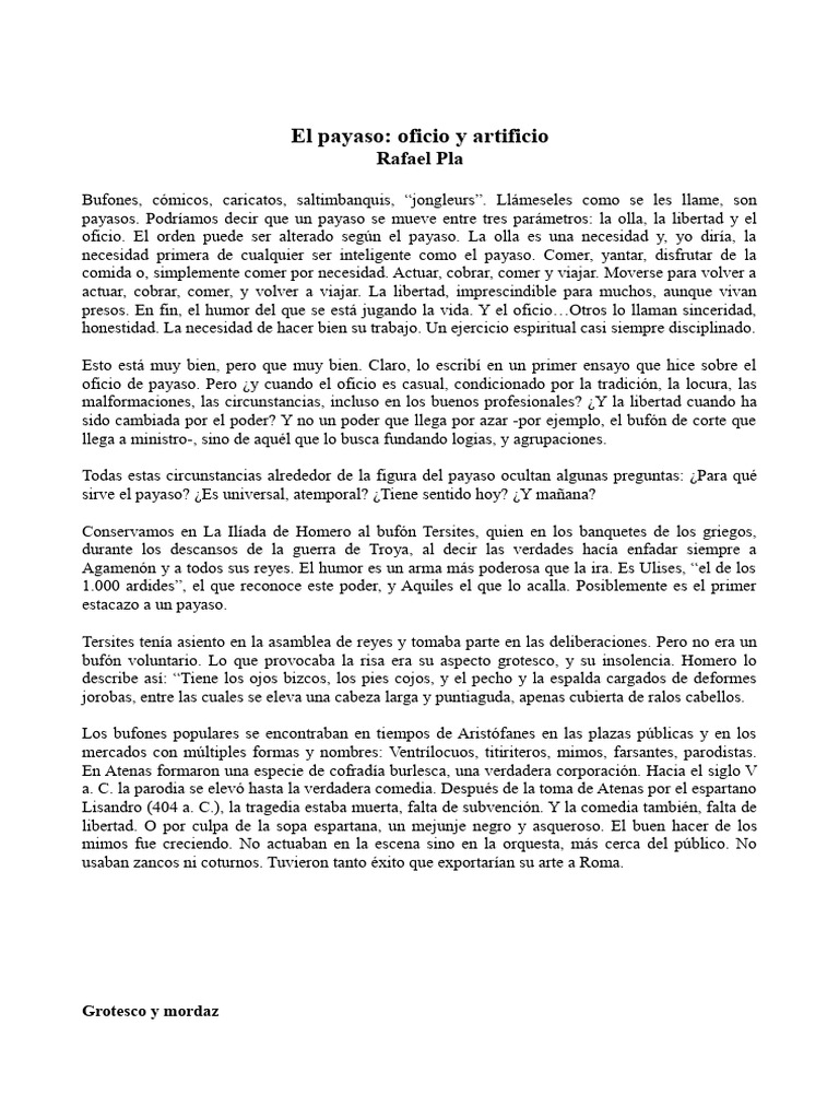 El Payaso Oficio y Artificio | PDF | Payaso | Bufón