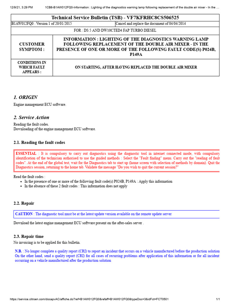 Technical Service Bulletin (TSB) - VF7KFRHC8CS506525: 1. Origin | PDF ...